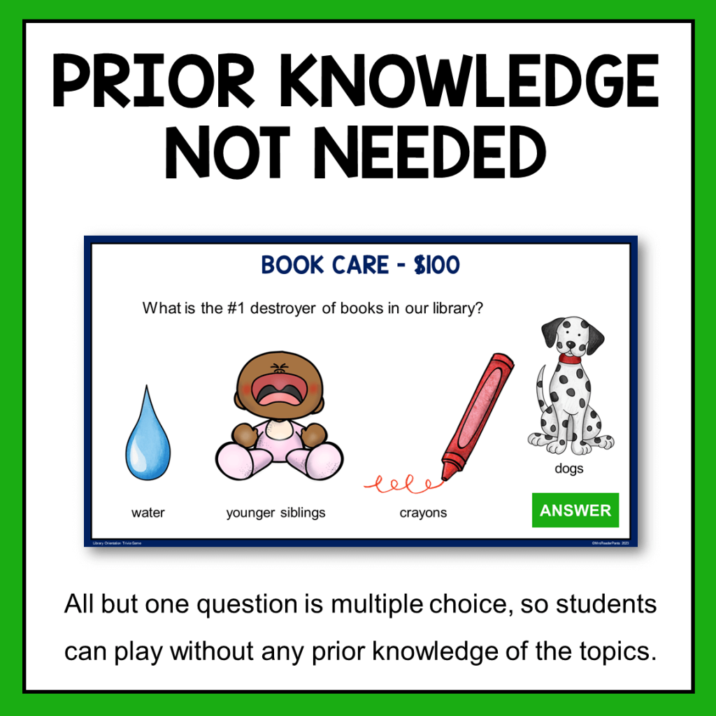 Library Orientation Trivia Game - Back to School Library Skills - Text ...